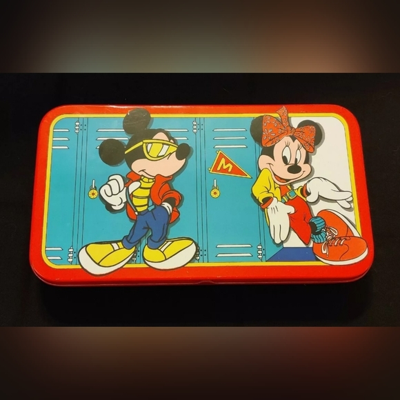 Other | Vintage Red Disney Mickey And Minnie Mouse Tin Pencil Box Art ...